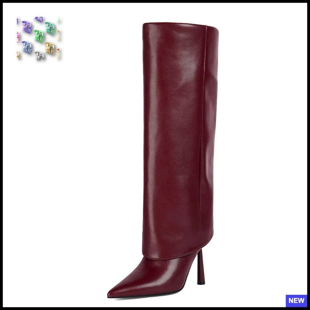 Shoes | Pointed Toe Stiletto Heel Knee High Boots Fold Over Design ...